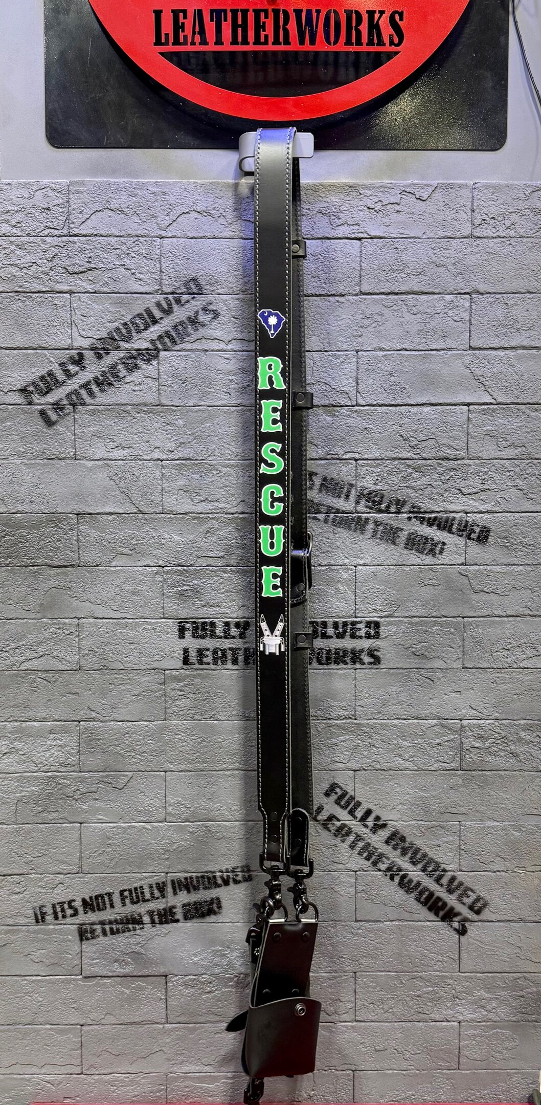 Black Flashover Graphix Custom Leather Radio Strap by Fully Involved Leatherworks