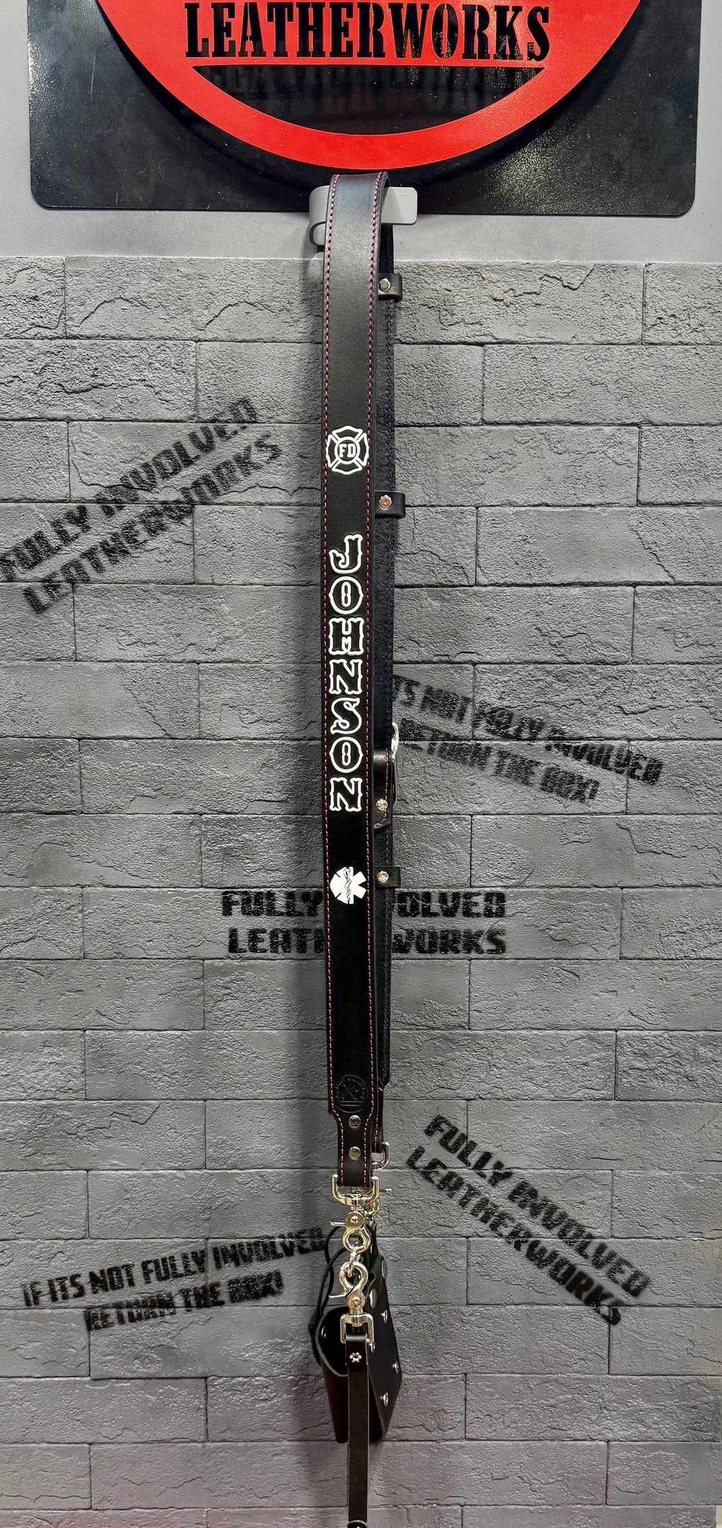 Black Custom Leather Firefighter Radio Strap with Holster