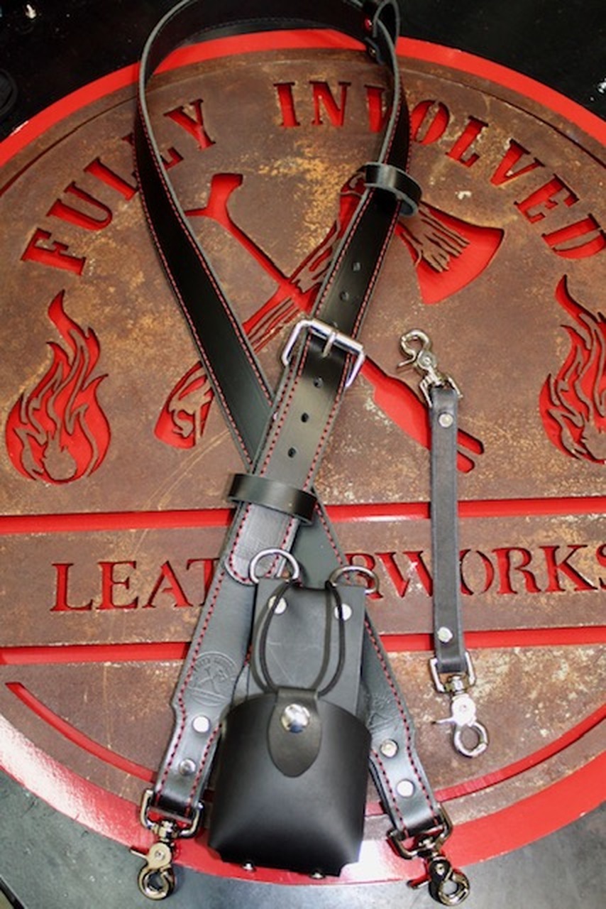 Black Leather Firefighter Radio Strap with Holster