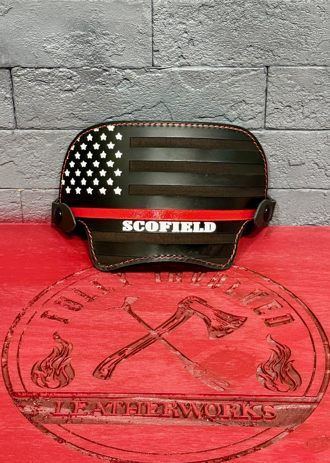 Custom Thin Red Line SCBA Scott Mask Shield by Fully Involved Leatherworks
