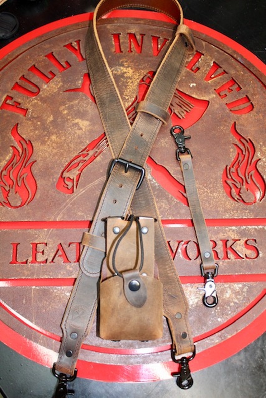 Rustic Smoke Leather Firefighter Radio Strap with Holster