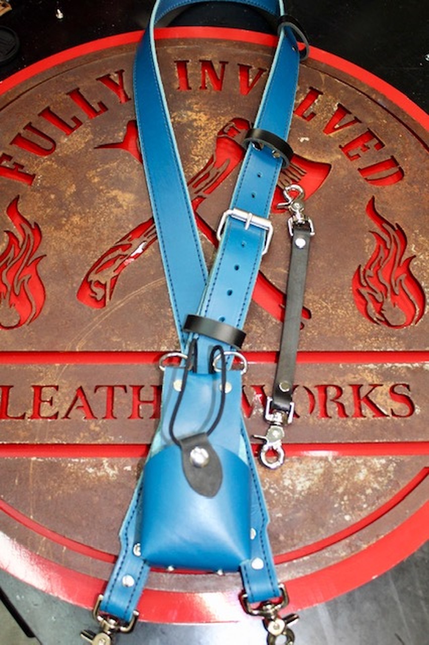 Blue Leather Firefighter Radio Strap with Holster