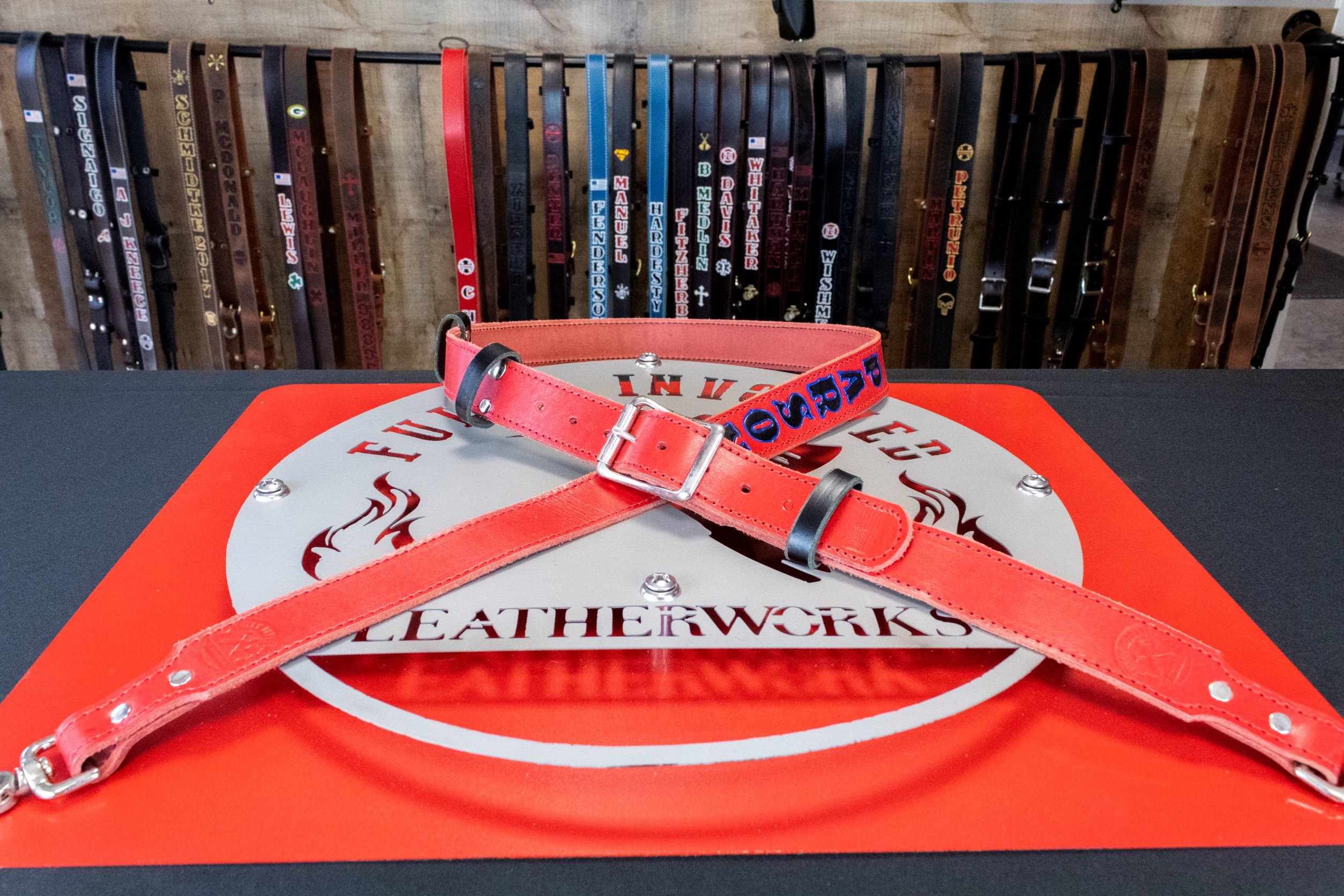 Red Custom Leather Firefighter Radio Strap with Holster