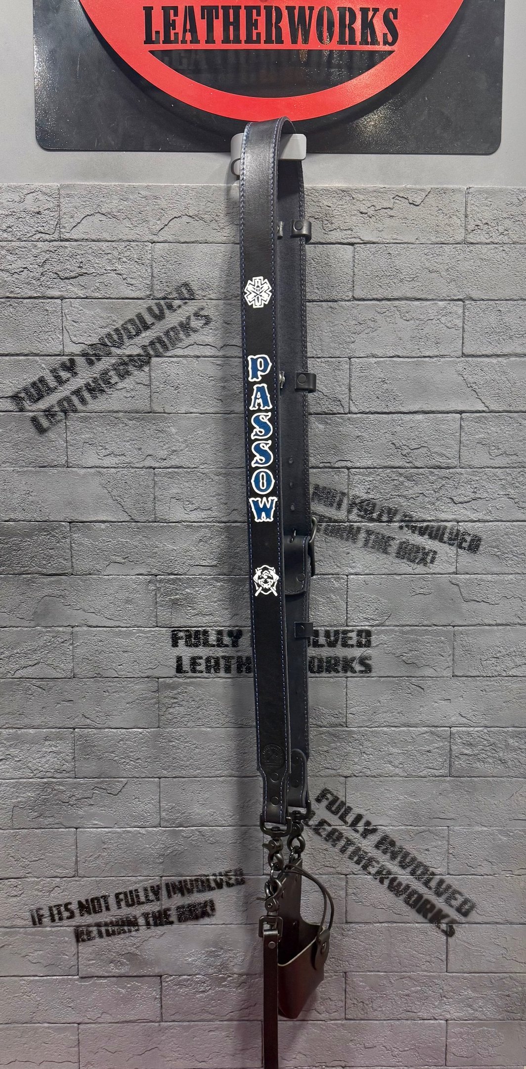 Black Custom Leather Firefighter Radio Strap with Holster