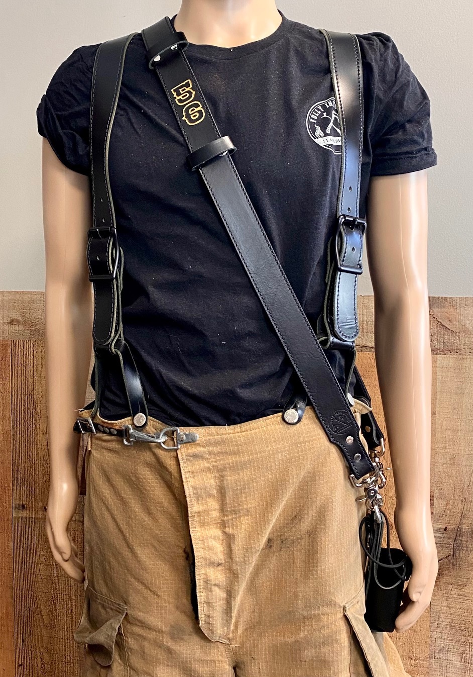 Black Buckle less Custom Leather Radio Strap with Radio Holster