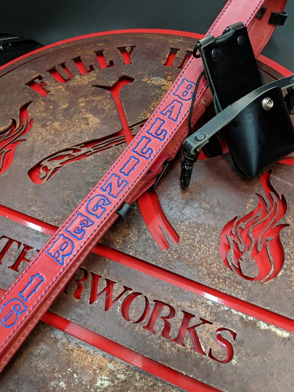 Red Custom Leather Firefighter Radio Strap
