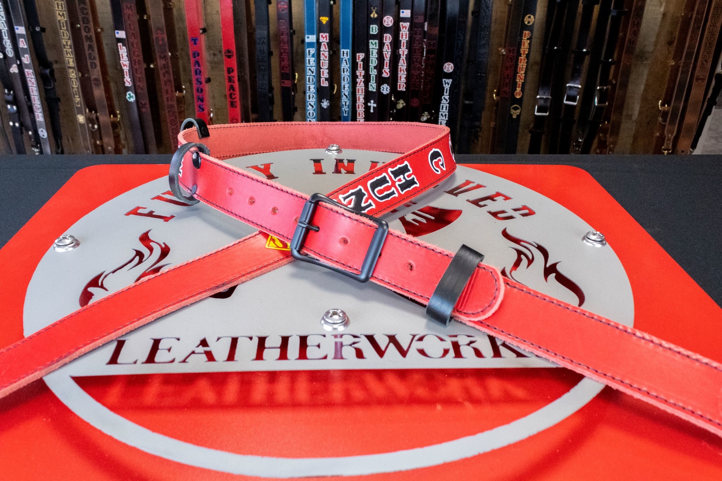 Red Custom Leather Firefighter Radio Strap