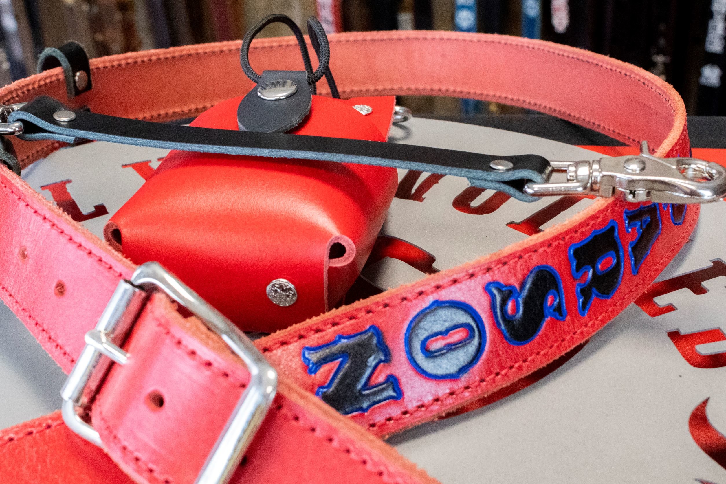 Red Custom Leather Firefighter Radio Strap with Holster
