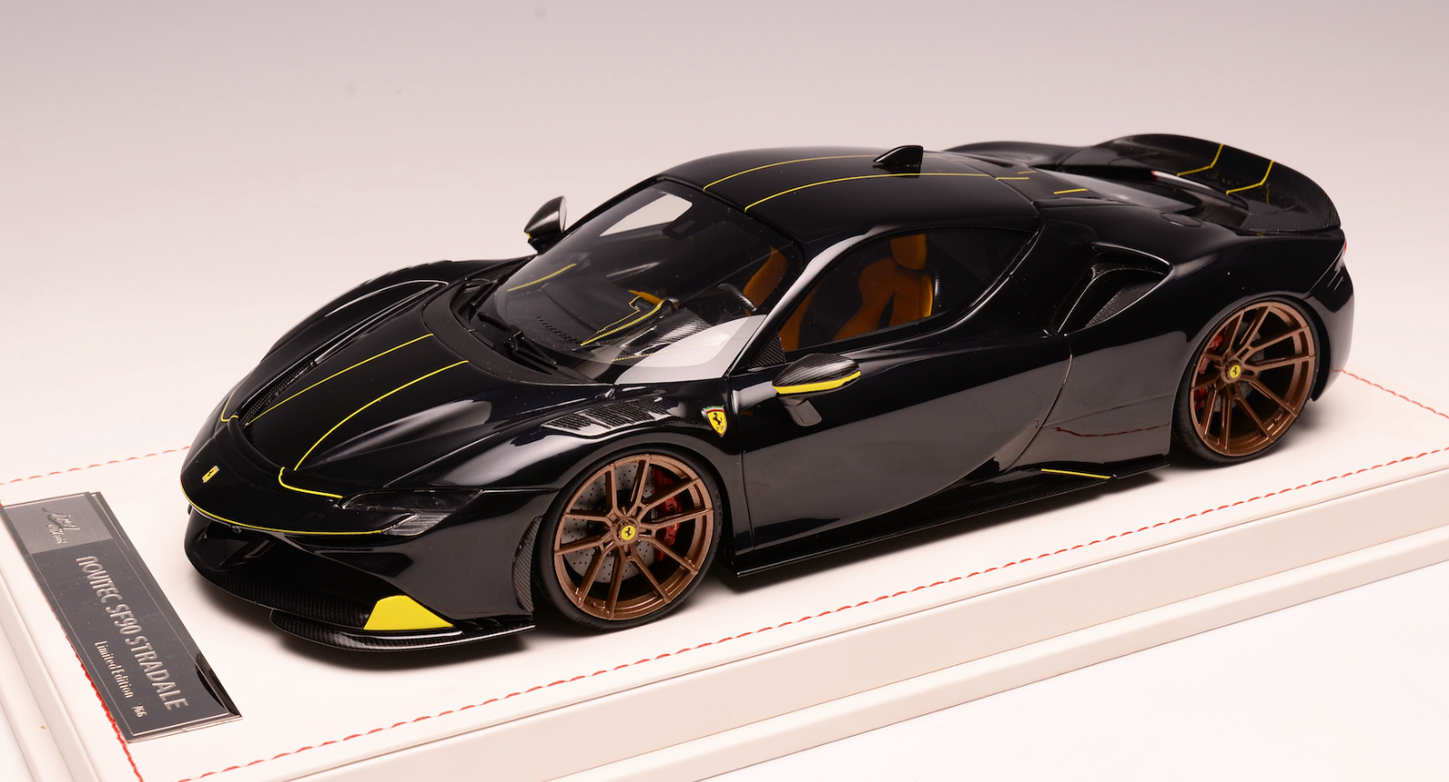 Ferrari SF90 NOVITEC black/yellow w Leather Base in 1:18 scale by Fine ...